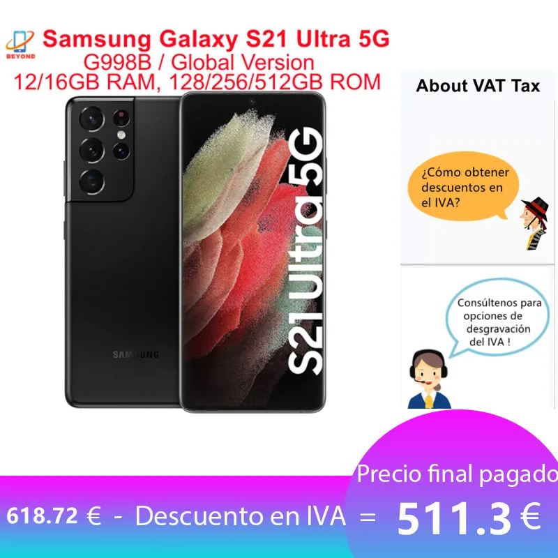 Samsung Galaxy S21 Ultra, 5G, G998B/DS, versión Global, pantalla de 6,8 pulgadas, ROM de 128/256 ...