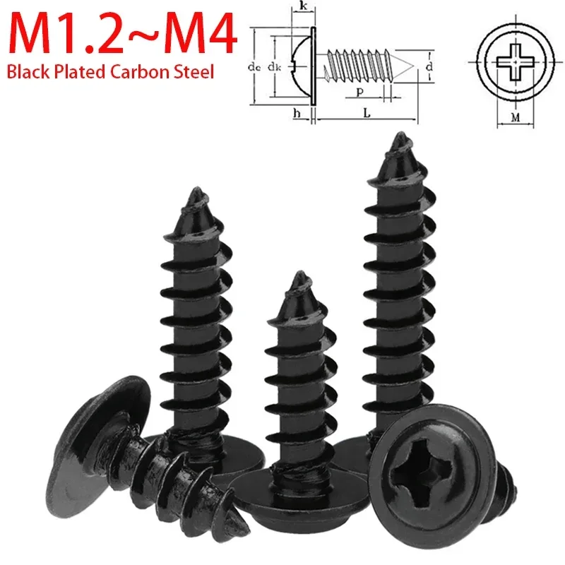 50-200Pcs-Self-Tapping-Screws-Phillips-Round-Head-With-Washer-Wood ...