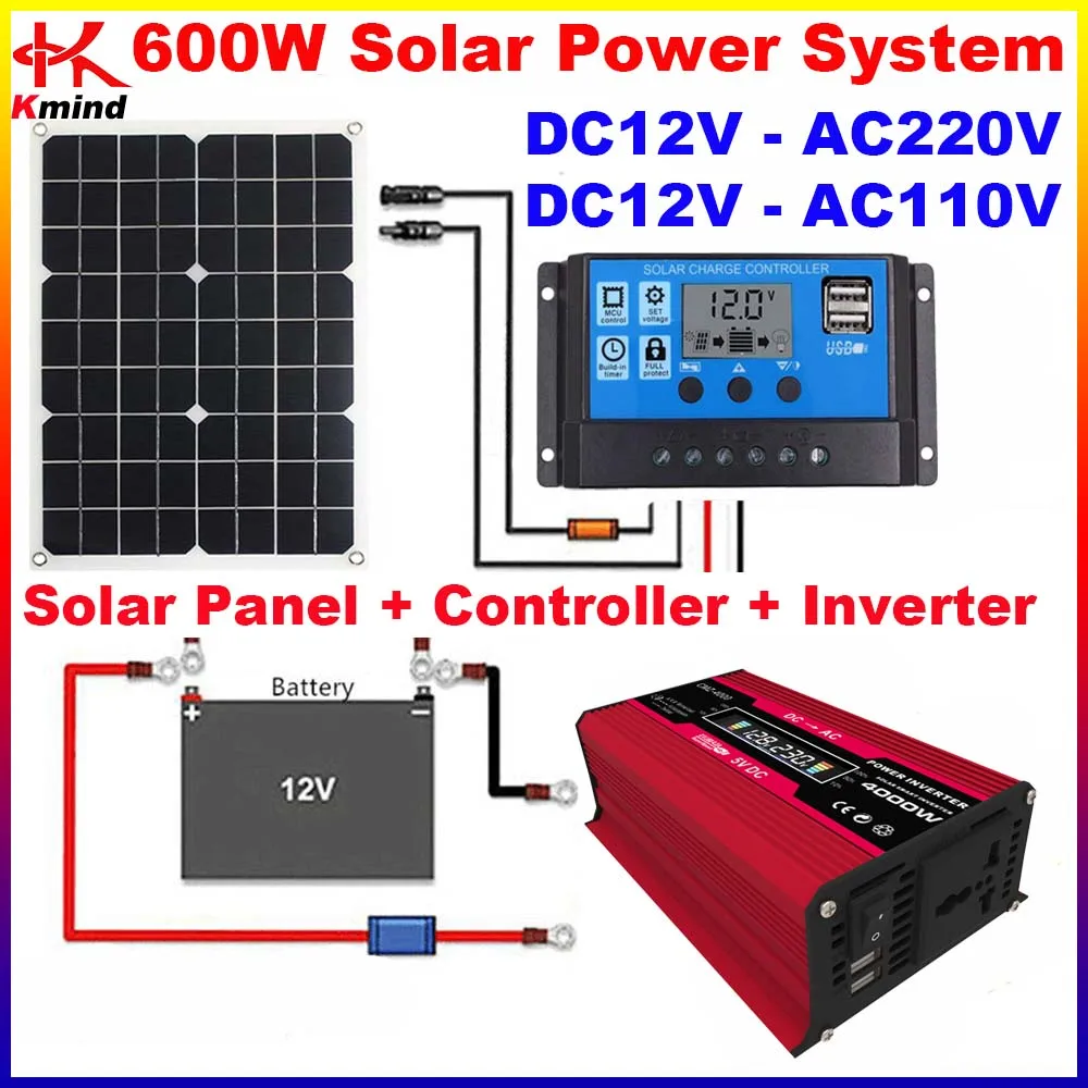 220volt 110volt Solar Panel 18v 18W Complete Kit Power Inverter Set 12v ...