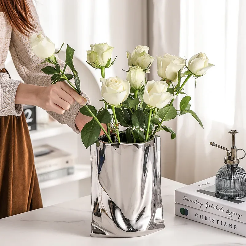 Creative Flower Pots Large Silver Ceramic Flower Cachepot Vase Planters ...