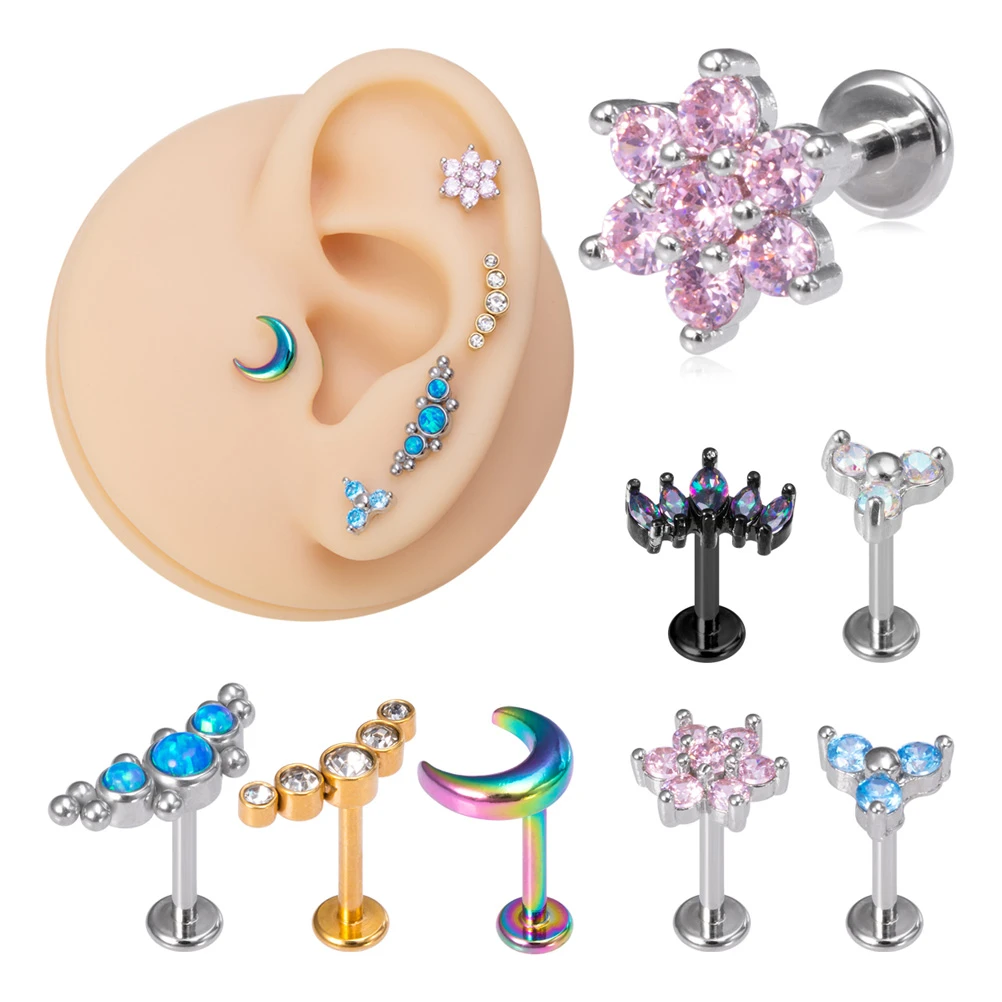 1pc 16g Flower Moon Lip Monroe Piercing Zircon Cz Labret Studs Surgical ...