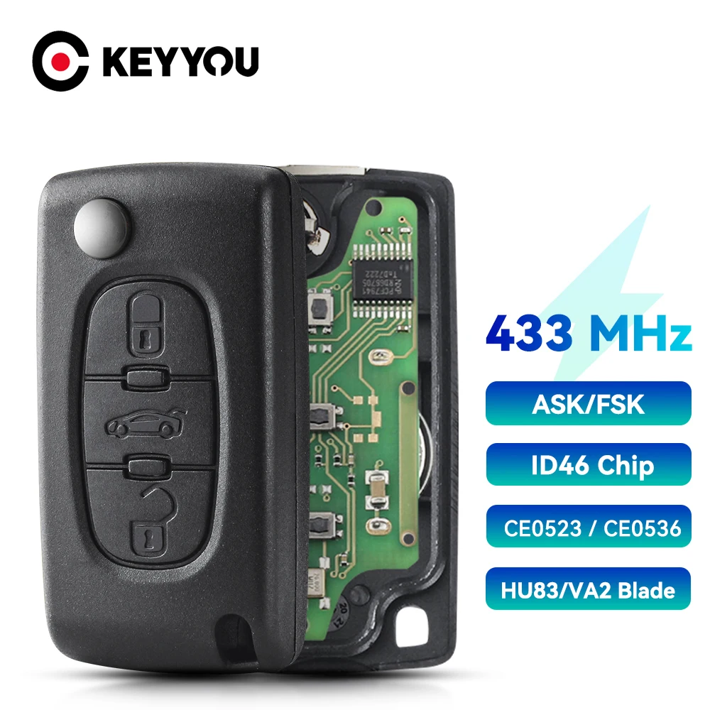 KEYYOU chiave remota a 3 pulsanti CE0523/CE0536 per Peugeot 207 208 307 308 407 408 433MHZ ID46 ...