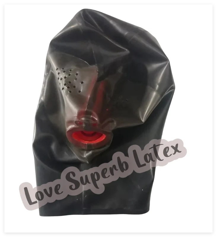 Latex Hood Mask Small Holes Eyes Transparent Black Nose Tube Mouth Gag ...
