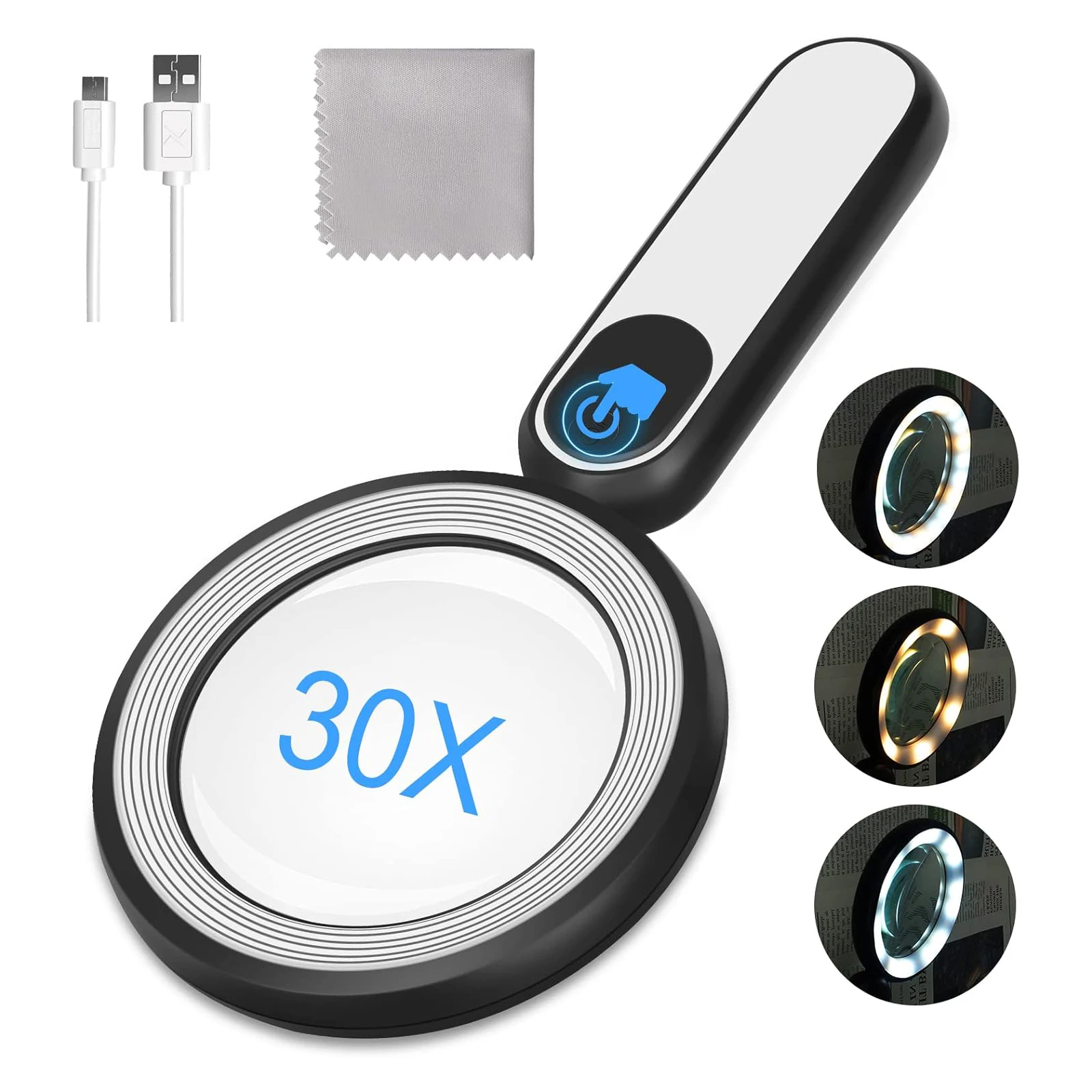 30X Handheld Rechargeable Magnifying Glass，Large Glass Len 21 LED 3 ...
