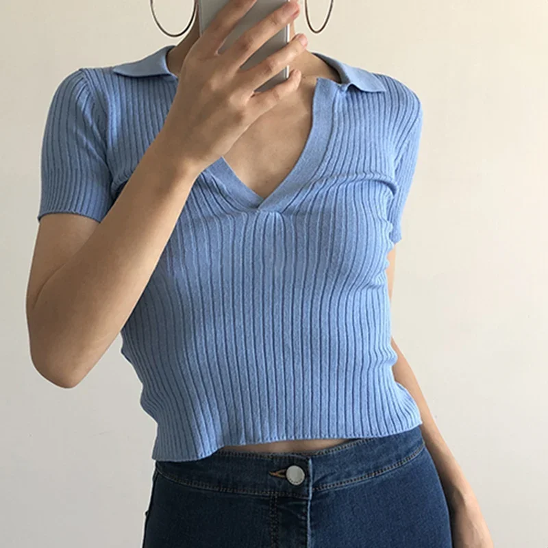 Short-Sleeve-Collared-Crop-Top-for-Women-Turn-down-Collared-Fitted-Rib ...