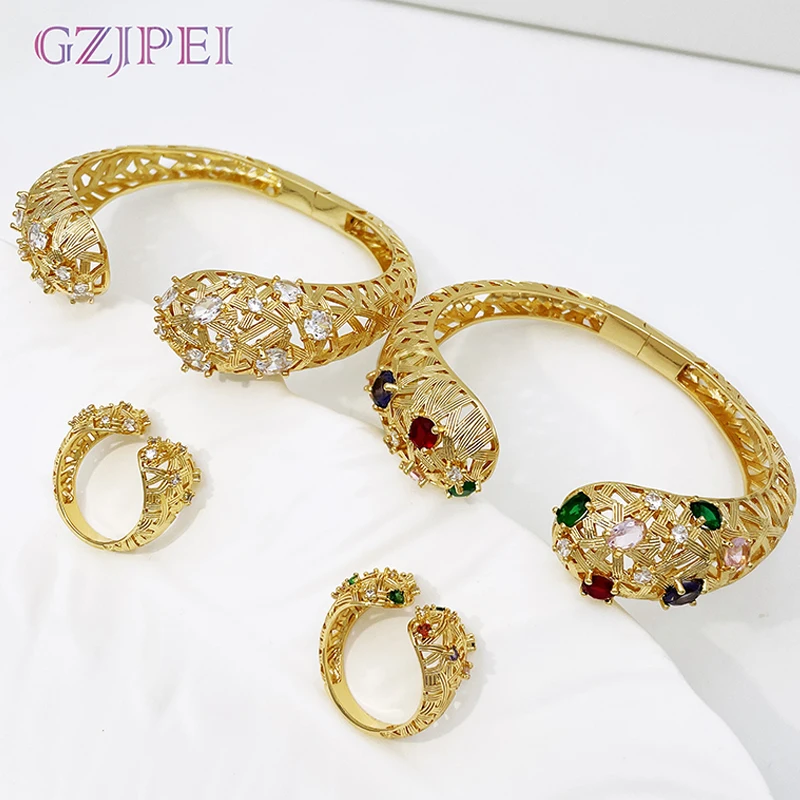 Luxury-Women-Bracelet-Ring-Set-Zircon-Cuff-Bangle-18K-Gold-Plated-Dubai-Jewelry-Bride-Wedding ...