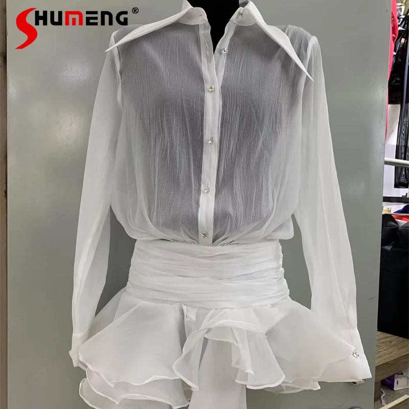 Ruffled-Long-Sleeve-Polo-Collar-Shirt-Dress-Women-s-Waist-Seal-Fake-Two ...