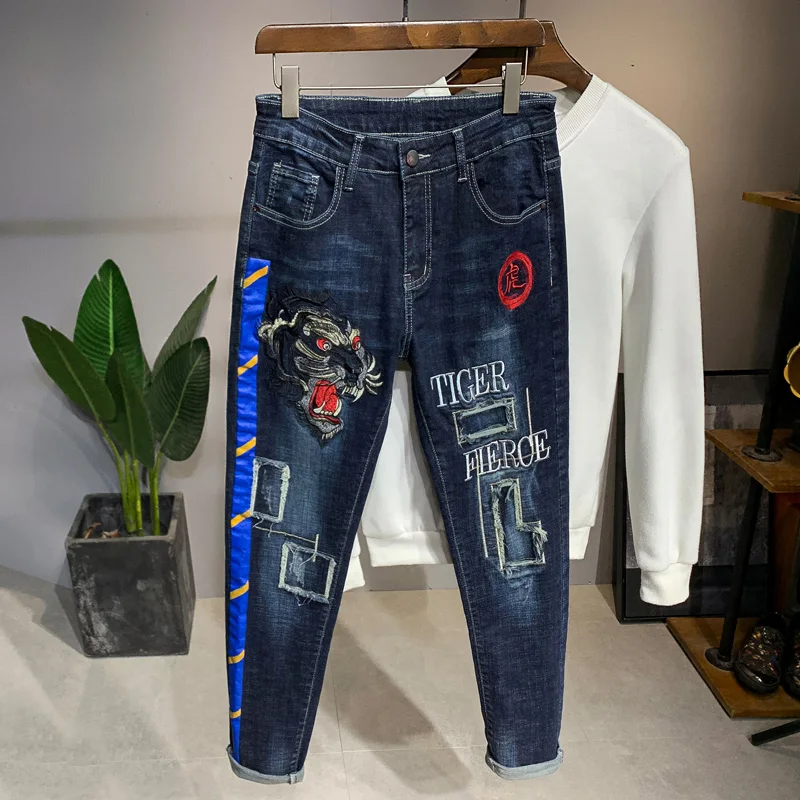 New-Tiger-Embroidered-Jeans-Men-Fashion-Raw-Edge-Patchwork-Printing ...