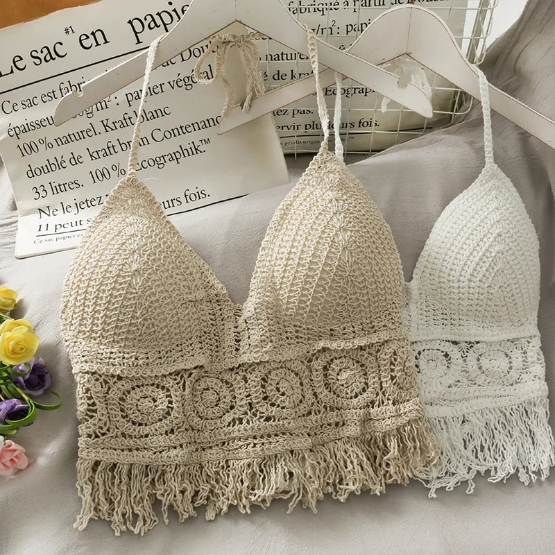 Lace Halter Neck Crop Tops Retro Wild Hollow Perspective Tassel Sexy ...