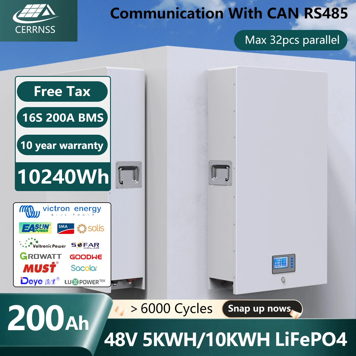 48v 200ah Powerwall 10kw Lifepo4 Battery 16s 200a Bms With Can Rs485 ...