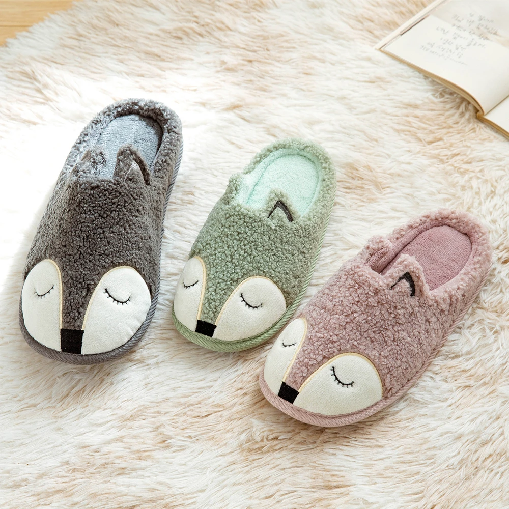귀여운 만화 여우 곰 모피 슬리퍼 여성용 부드러운 메모리 폼 단독 푹신한 슬리퍼 커플 플러시 신발 겨울슬리퍼