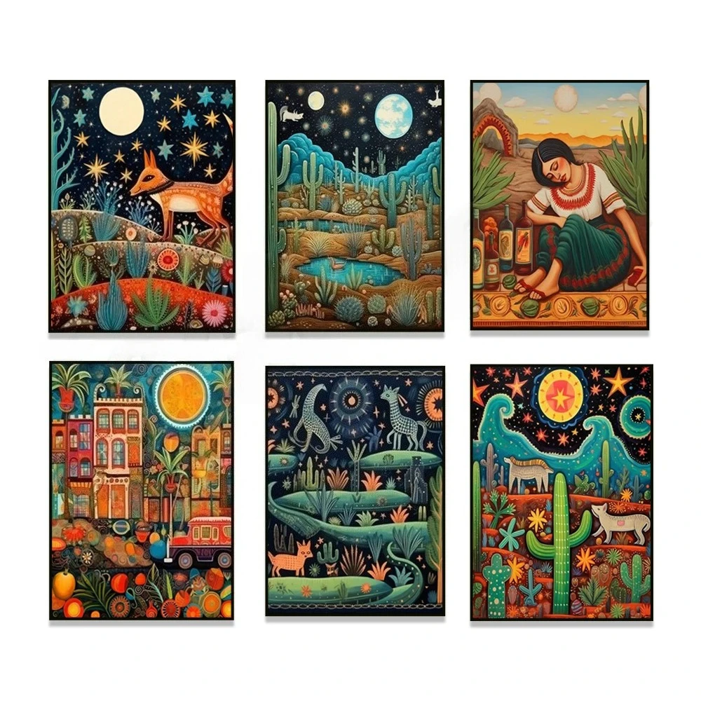 Mexican Cactus Folk Art Poster Prints Moonlight Desert Canvas Painting ...