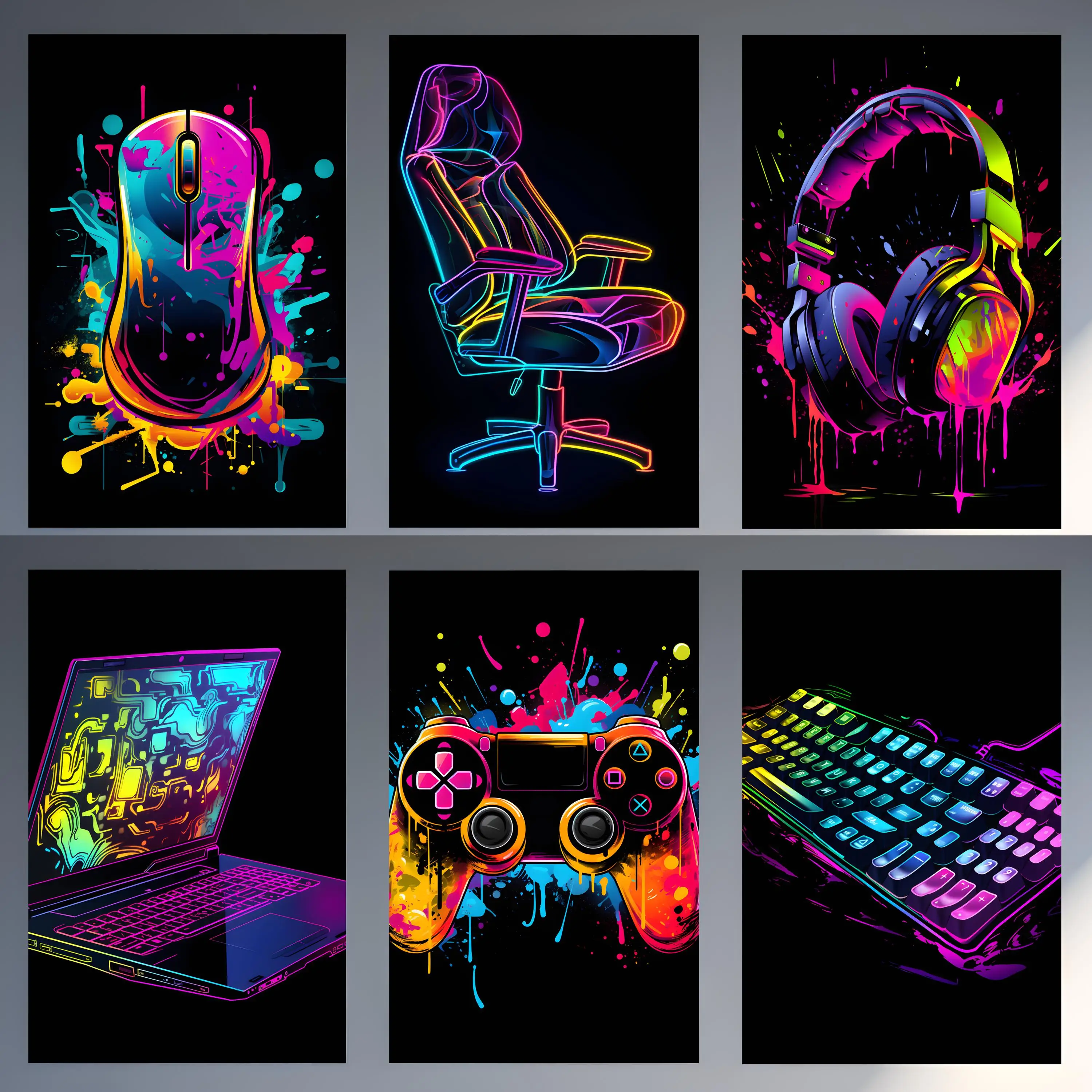 Black-Modern-Video-Game-Neon-Headset-Computer-Mouse-Posters-and-Prints ...