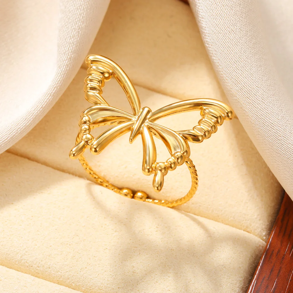 Fashion-Hollow-Butterfly-Rings-For-Women-Stainless-Steel-Opening-Insect ...