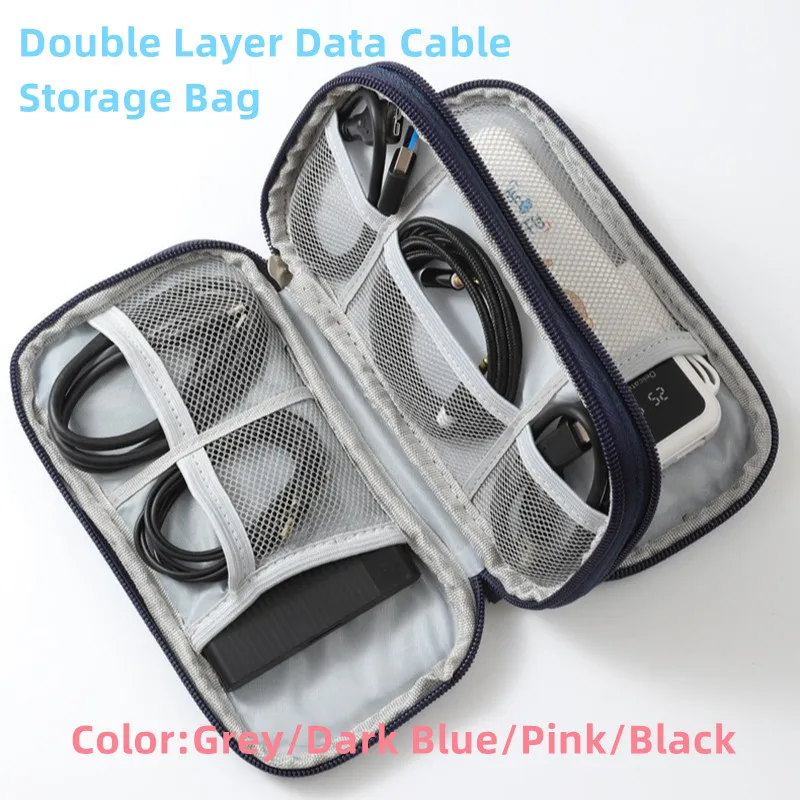 1Pcs-Black-Grey-Dark-Blue-Pink-Double-Layer-Zipper-Data-Cable-Travel ...