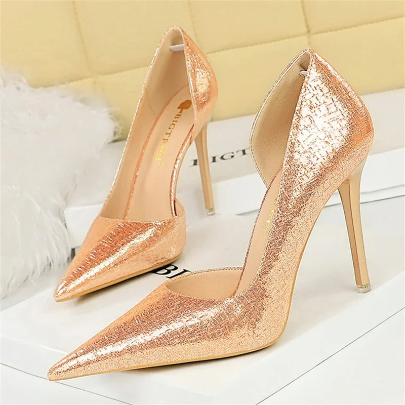 BIGTREE Sexy Fashion High-Heeled Women's Shoes Glisten Golden Woman ...