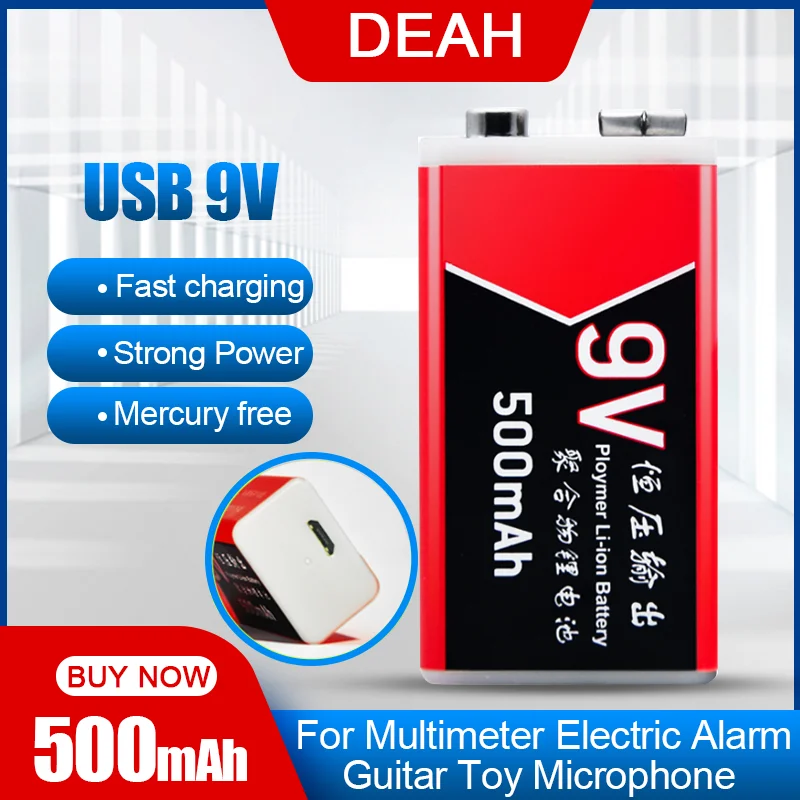 1PCS 9V 500mAh Li-ion Lithium Rechargeable Battery Micro USB Battery ...
