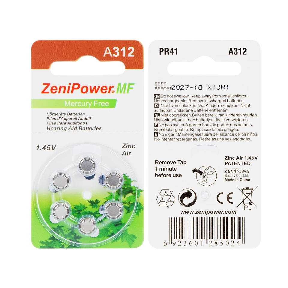 60pcs/Box Zenipower Hearing Aid Batteries A312 312A ZA312 312 PR41 S312 ...