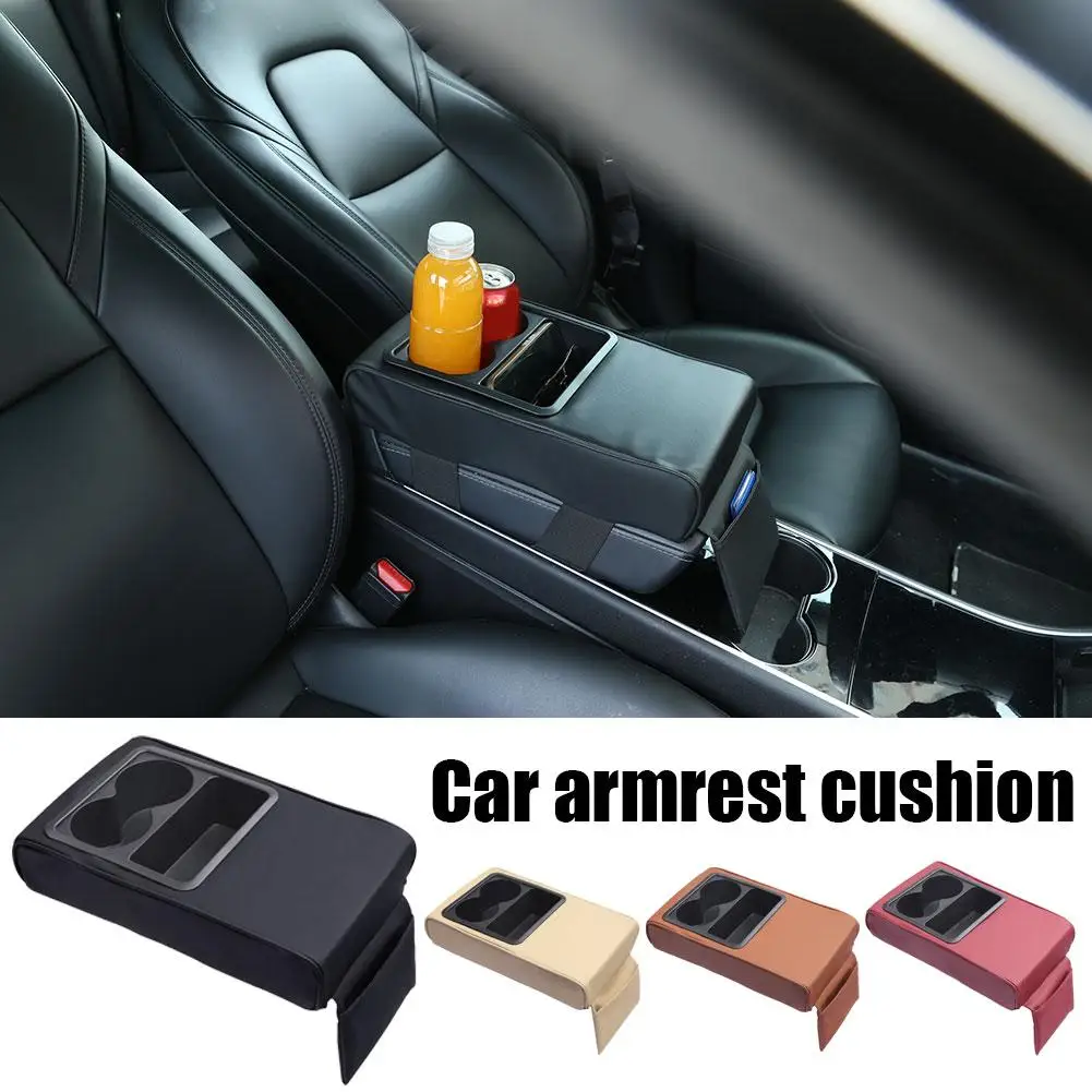 Car-Armrest-Cushion-With-Cup-Holder-Universal-Leather-Support-Armrest ...