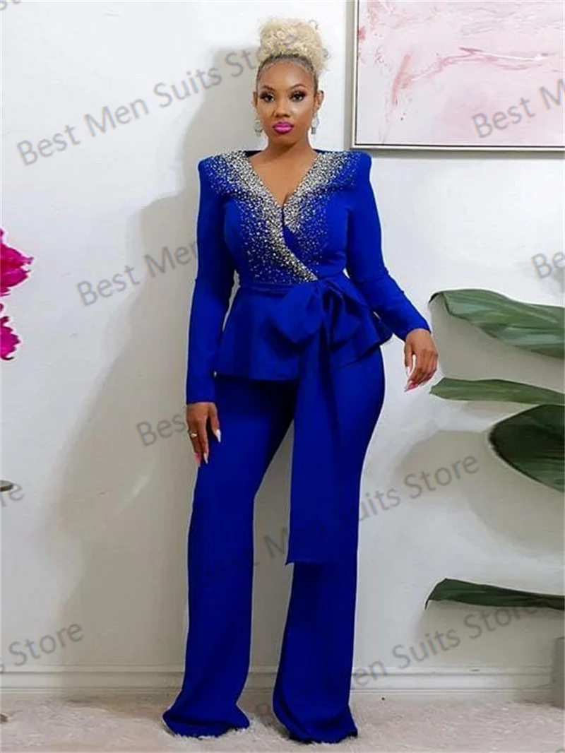 Royal Blue Women Suits Set For Wedding Luxury Crystals Jacket With Belt ...