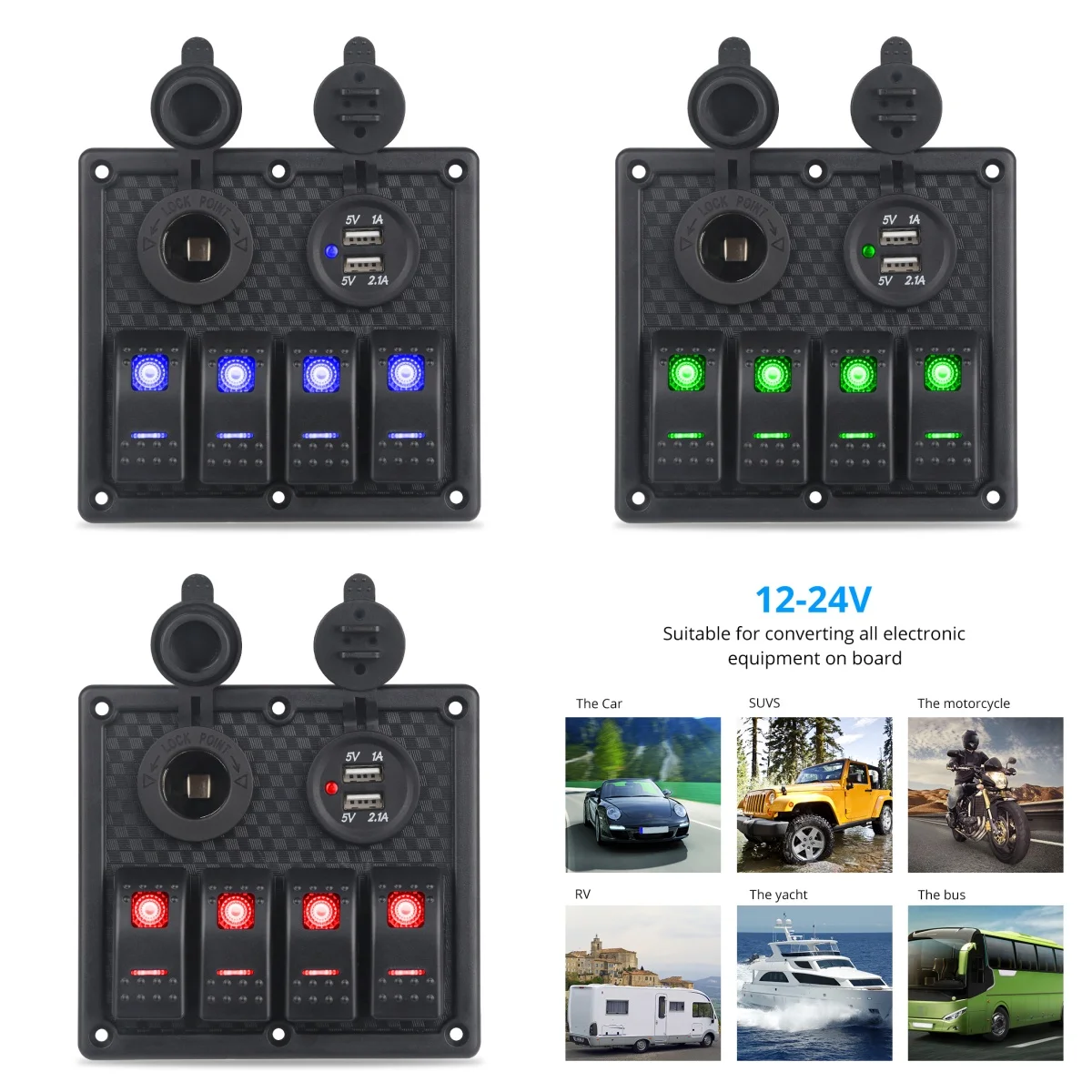 12V-24V-4-Gang-Rocker-Switch-Panel-USB-Charger-Cigarette-Lighter-With ...