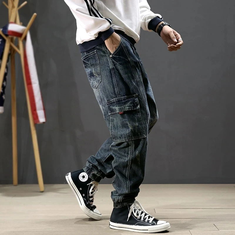 Street-Fashion-Men-Jeans-Retro-Blue-Printed-Designer-Big-Pocket-Casual ...