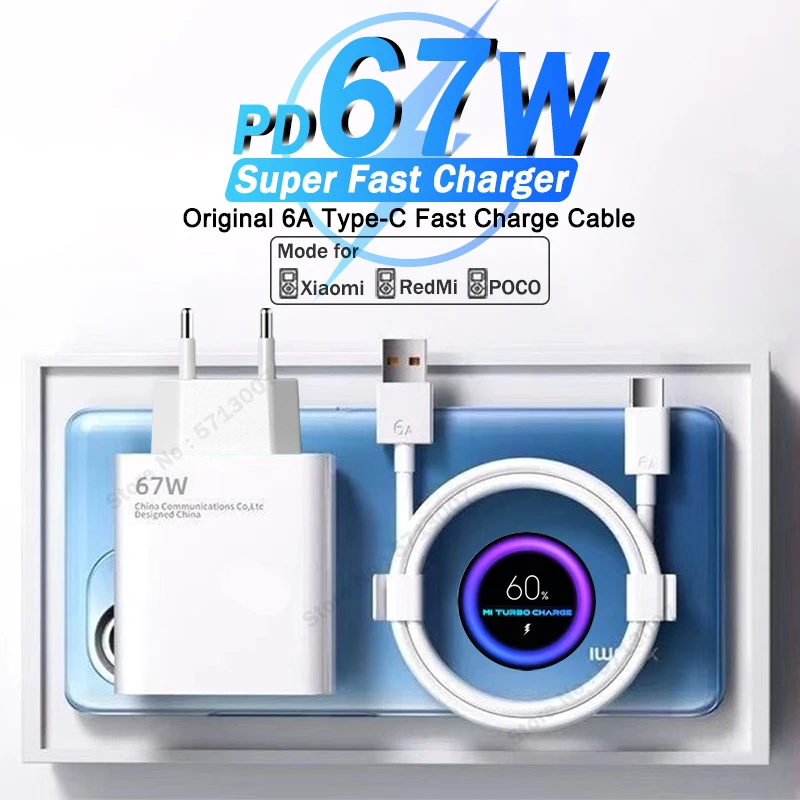 Original 67W Fast Charger For Xiaomi Mi 13 12 Ultra Pro Lite Redmi Note ...