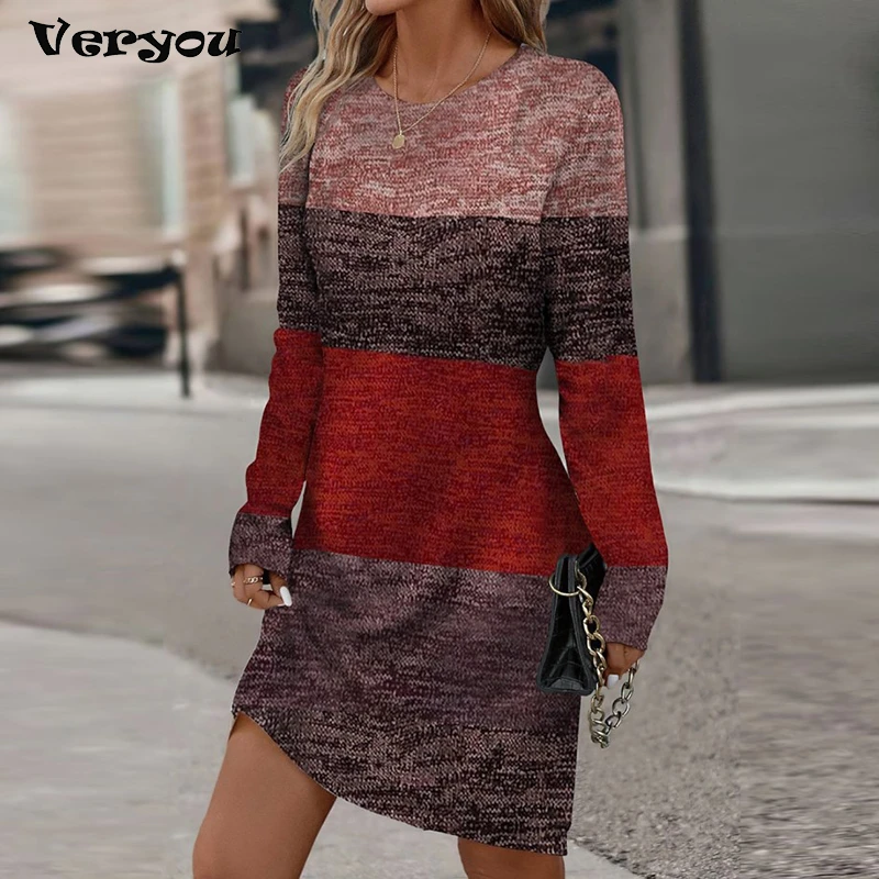 New Spring Fall Women's Fashion Print Dress Female Long-sleeve O-neck ...