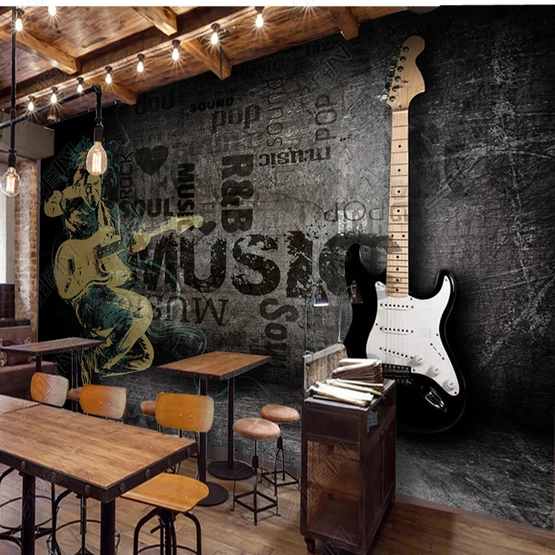 3D Wallpaper Retro keren gitar listrik hitam keren musik Bar mural Rock ...
