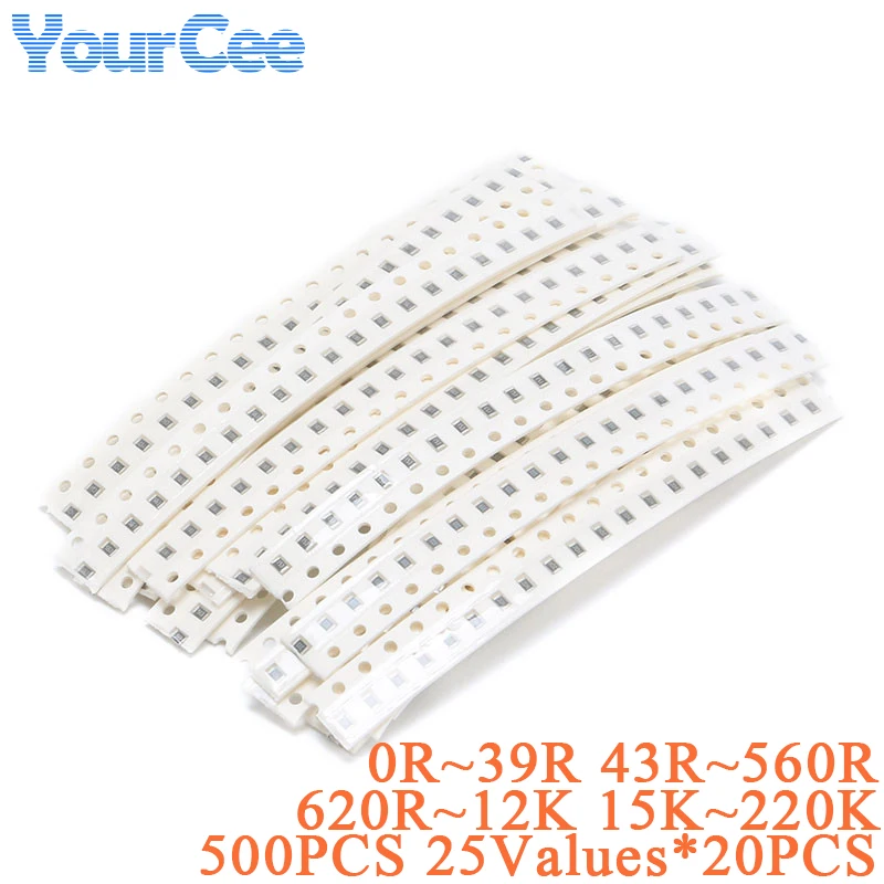500pcs 0603 SMD Resistor Kit 0R~39R 43R~560R 620R~12K 15K~220K ohm ...