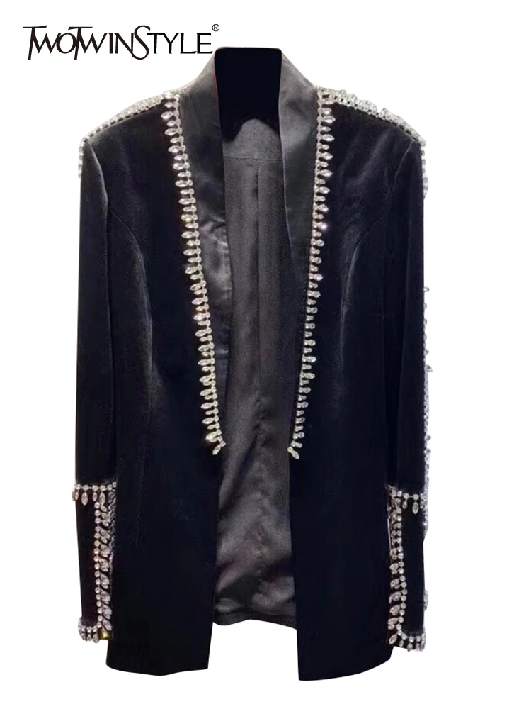 TWOTWINSTYLE Korean Black Diamonds Blazer For Women V Neck Long Sleeve ...