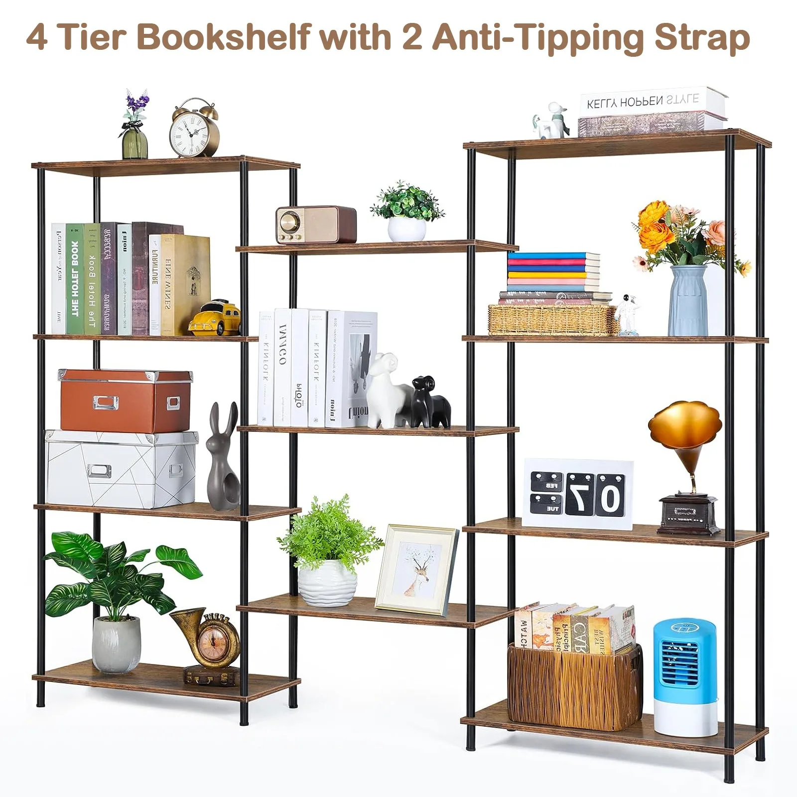 Triple-Wide-4-Tier-Bookshelf-Industrial-Style-Bookcases-with-11-Open ...