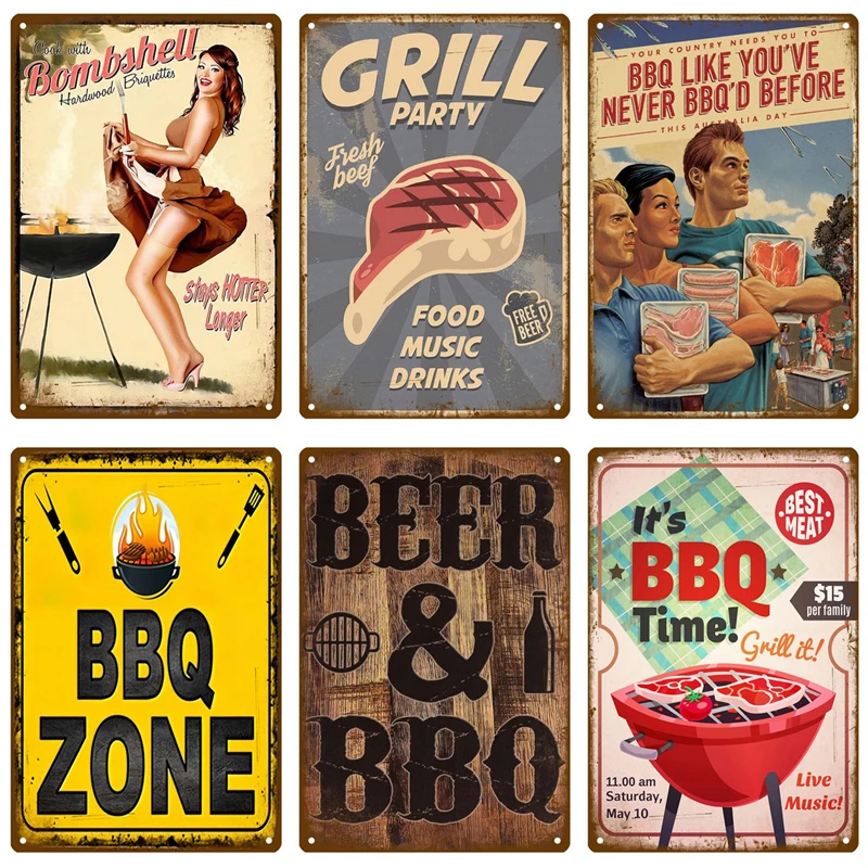 BBQ Zone Home Decor Metal Tin Sign Vintage Dad`s BBQ Yard Outdoor Party ...