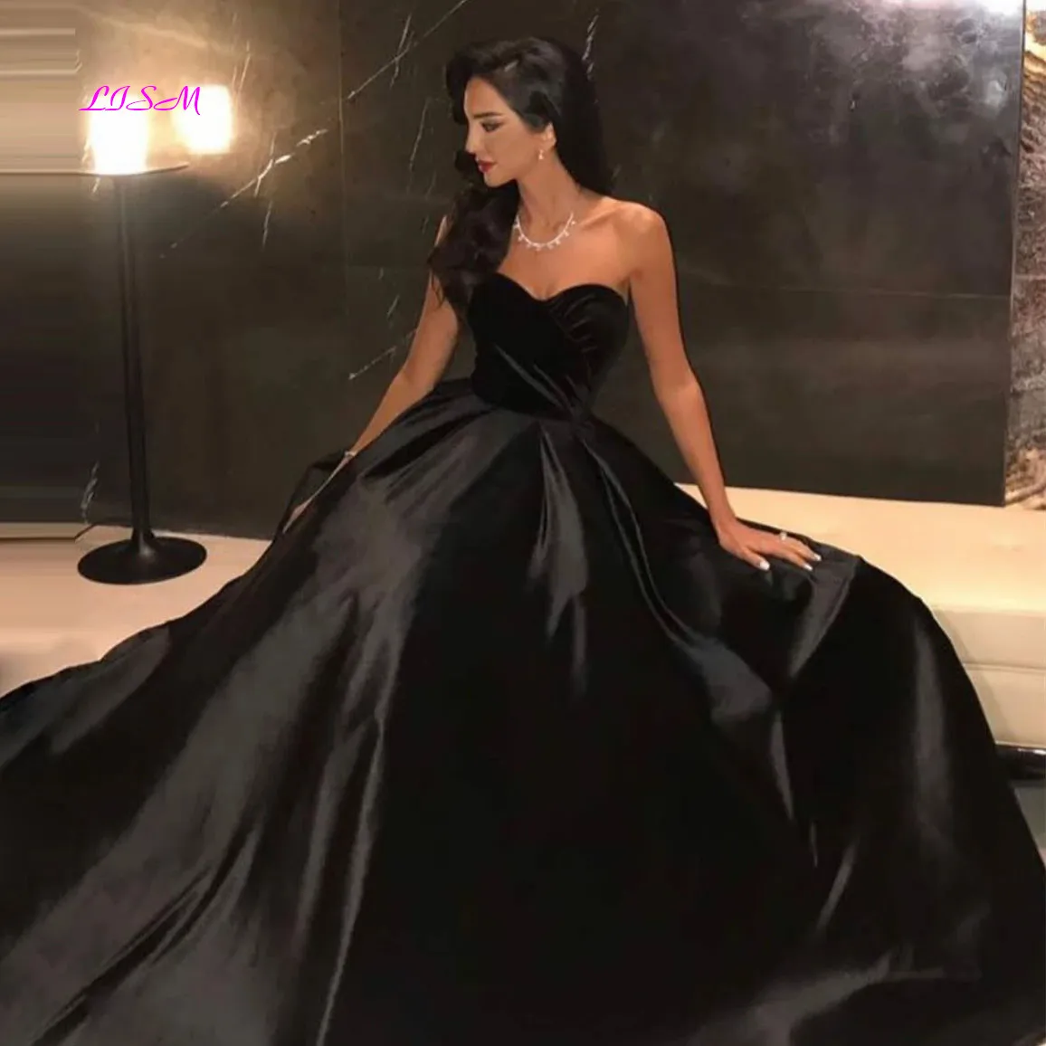 Elegant Long Black Satin Pleated Evening Dress With Pockets A Line ...