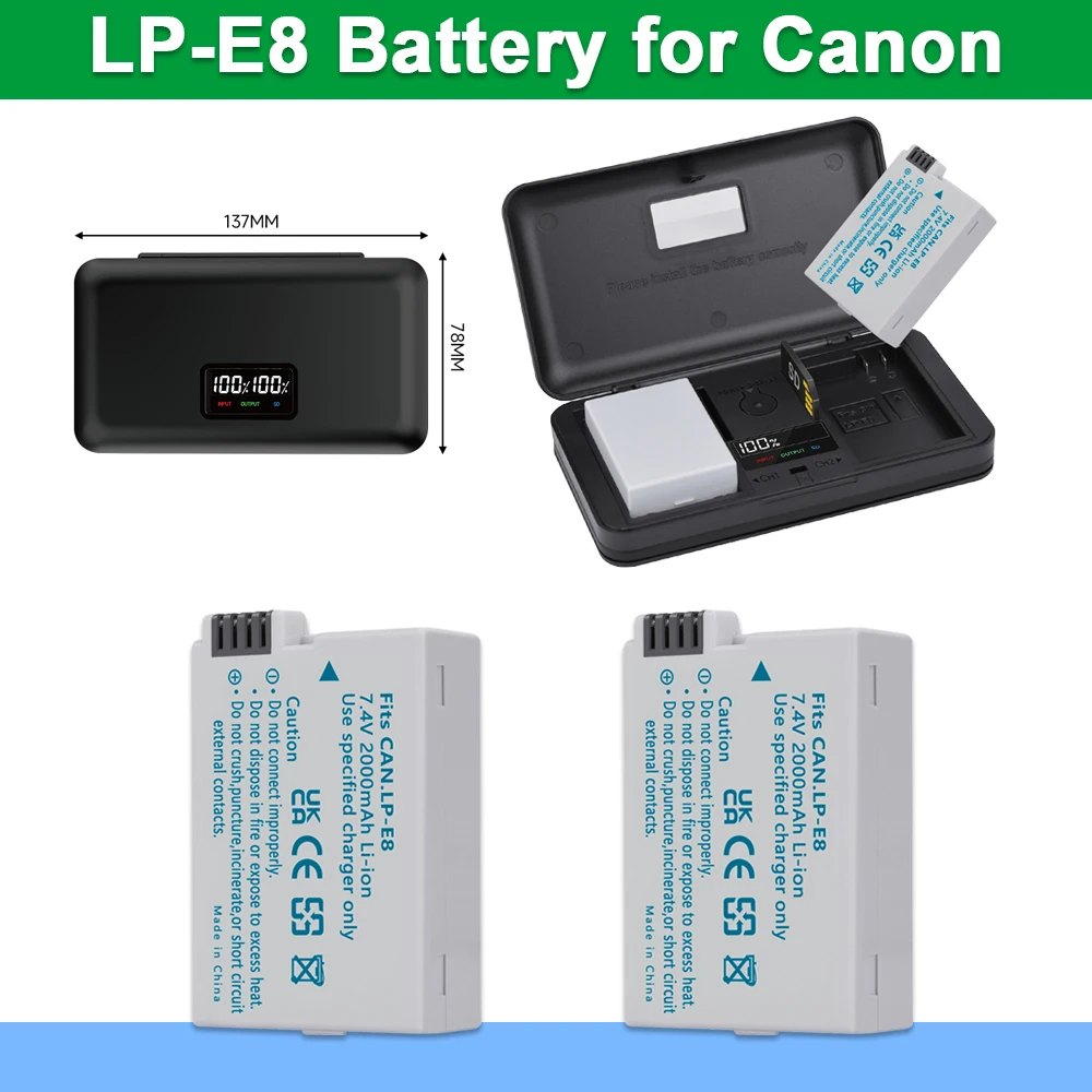 2000mAh LP E8 LPE8 LP-E8 Camera Battery with dual slot fast charger For ...