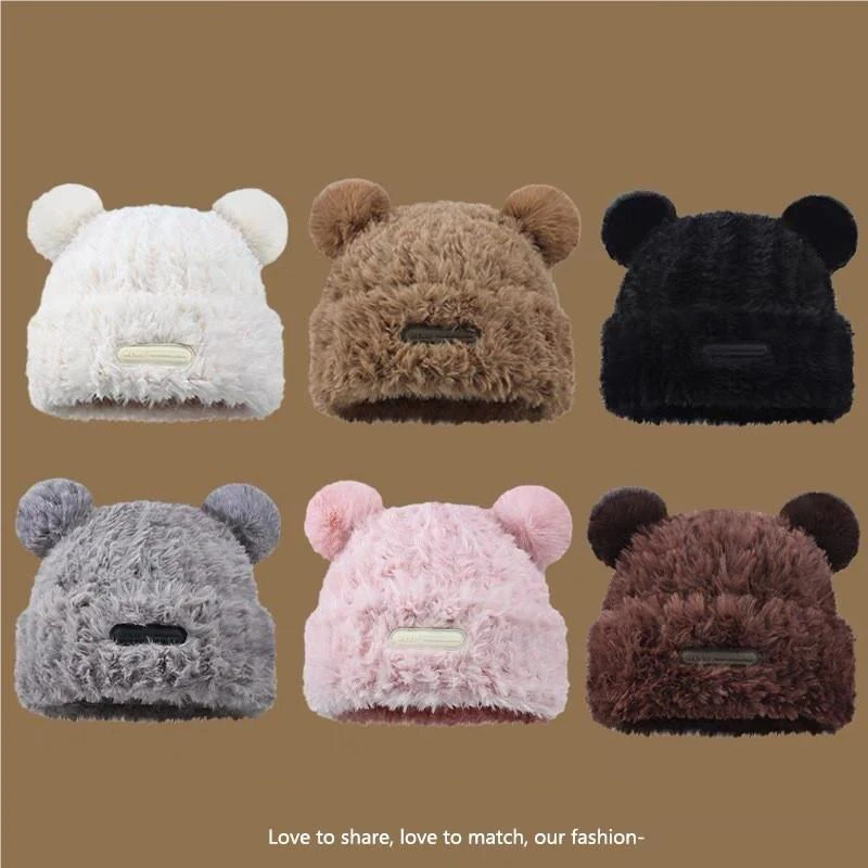 Cute-Ear-Women-Beanie-Cap-Cartoon-Bear-Ear-Protection-Hat-Solid-Color ...