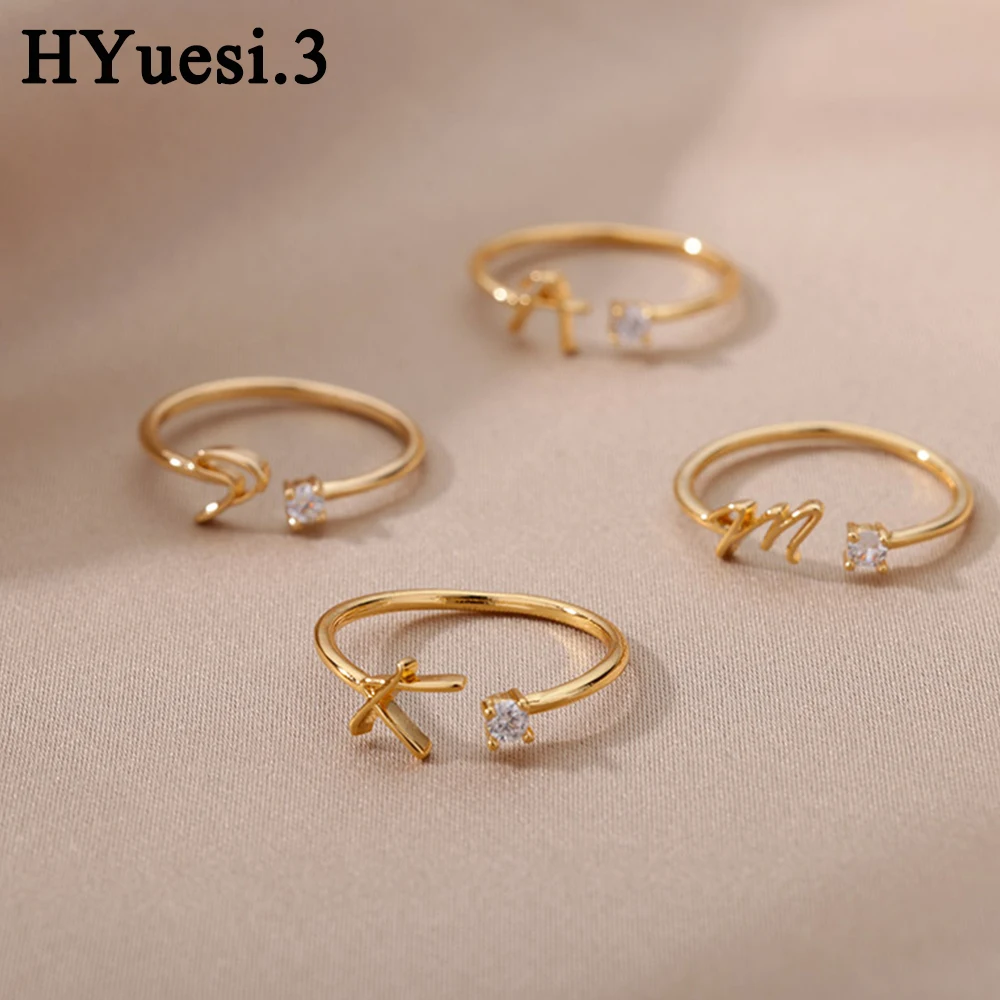 Simple CZ Initial Letter Rings Gold Plated Stackable Opening Name ...