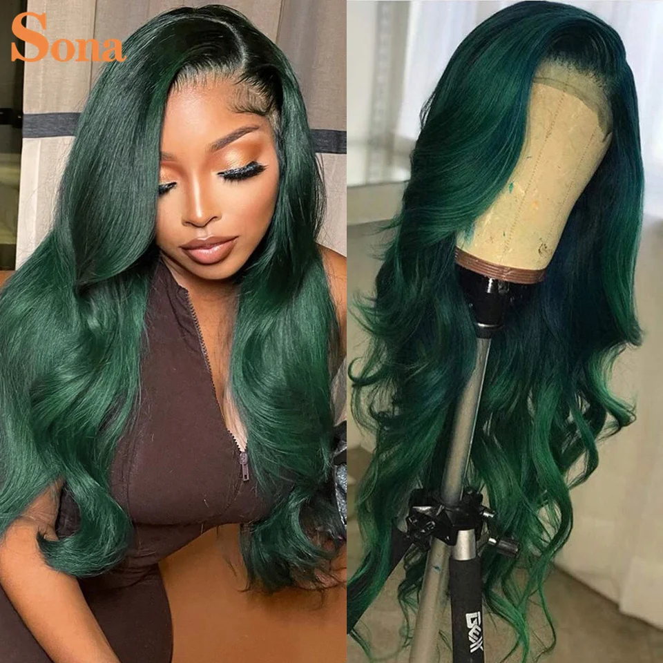 Dark Green Lace Front Wigs For Women Human Hair Pre Plucked Transparent ...
