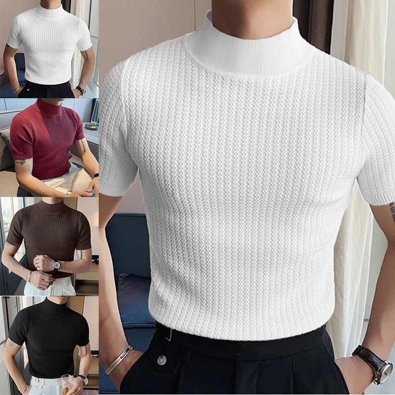 Casual-men-s-knitted-short-sleeved-shirt-high-necked-tight-fitting ...