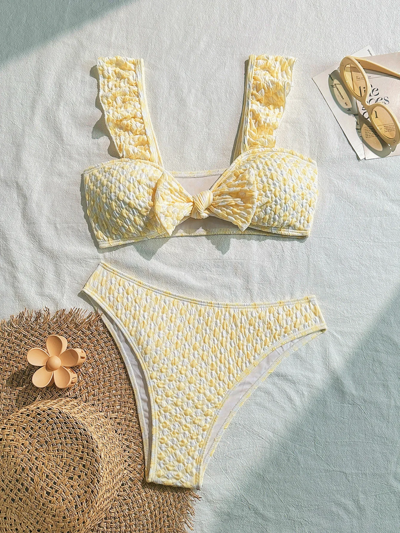 Sexy Front Knot Bow Micro Bikini 2025 Mujer Women Yellow Ruffles Push ...