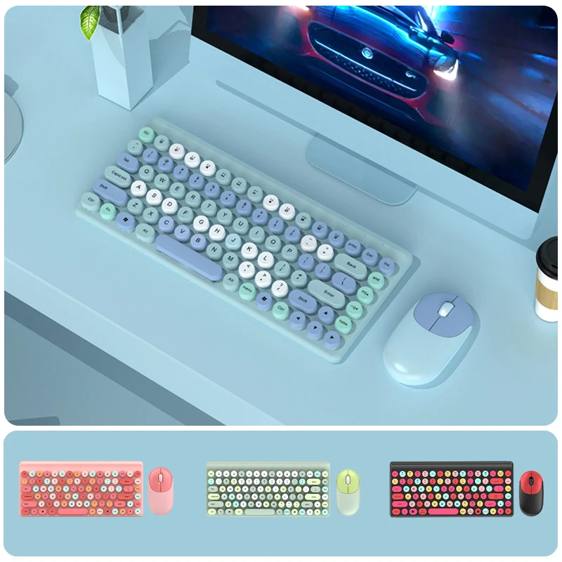 2-4G-86-Keys-Wireless-Round-keyboard-and-mouse-Set-With-Retro-Typewrite ...