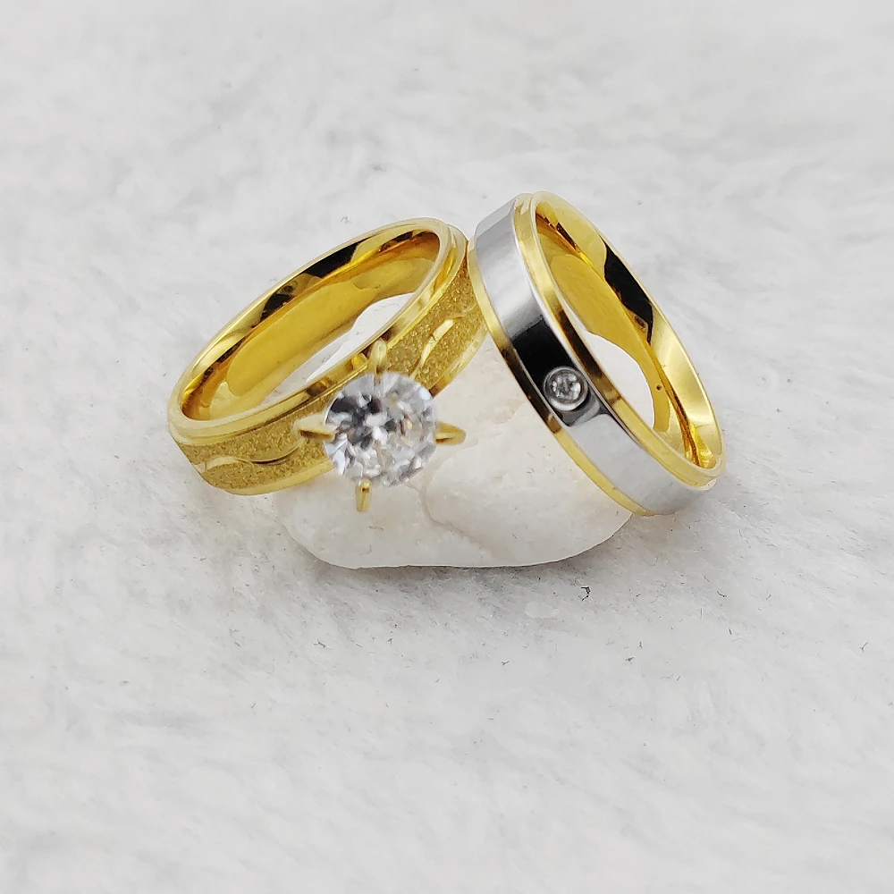 Classic Wedding Engagement Women's Rings Sets 14k Gold Plated Stainless ...