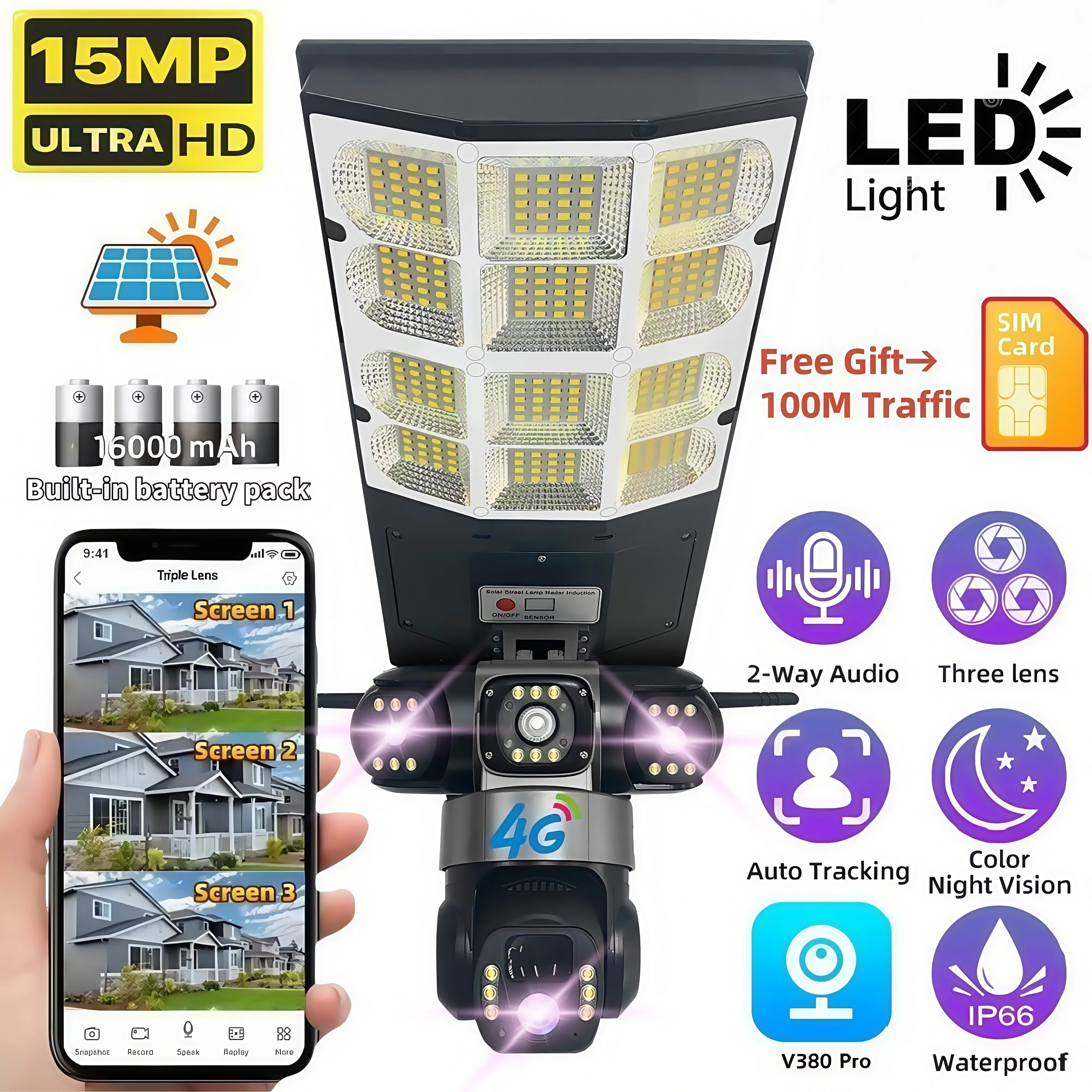 Solar 4G SIM Street Light HD Camera 15MP 10X Zoom Three Lens Recording ...