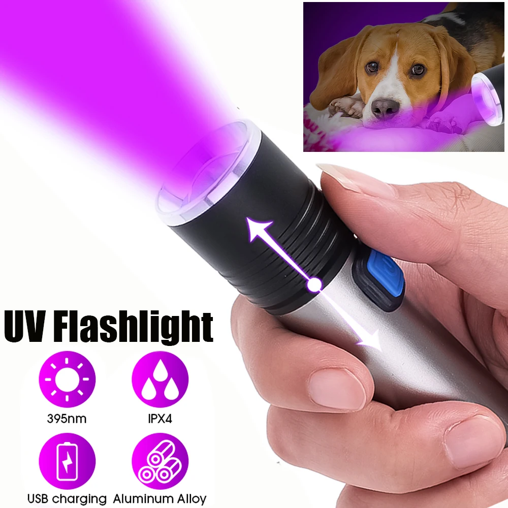 Led Mini Uv Flashlight Ultraviolet 395nm Telescopic Zoom Torch Lamp Usb ...