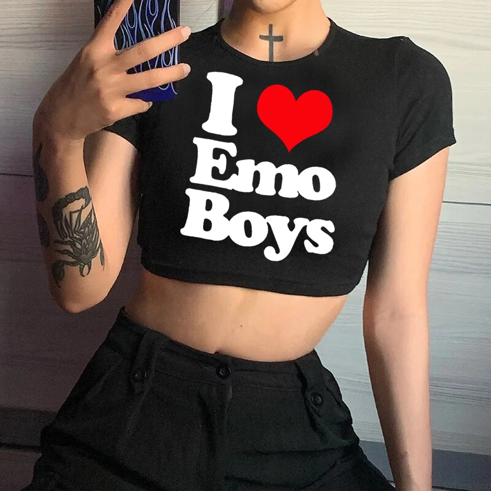 i Love Emo Boy Print aesthetic goth crop top girl gothic yk2 2000s t-shirts