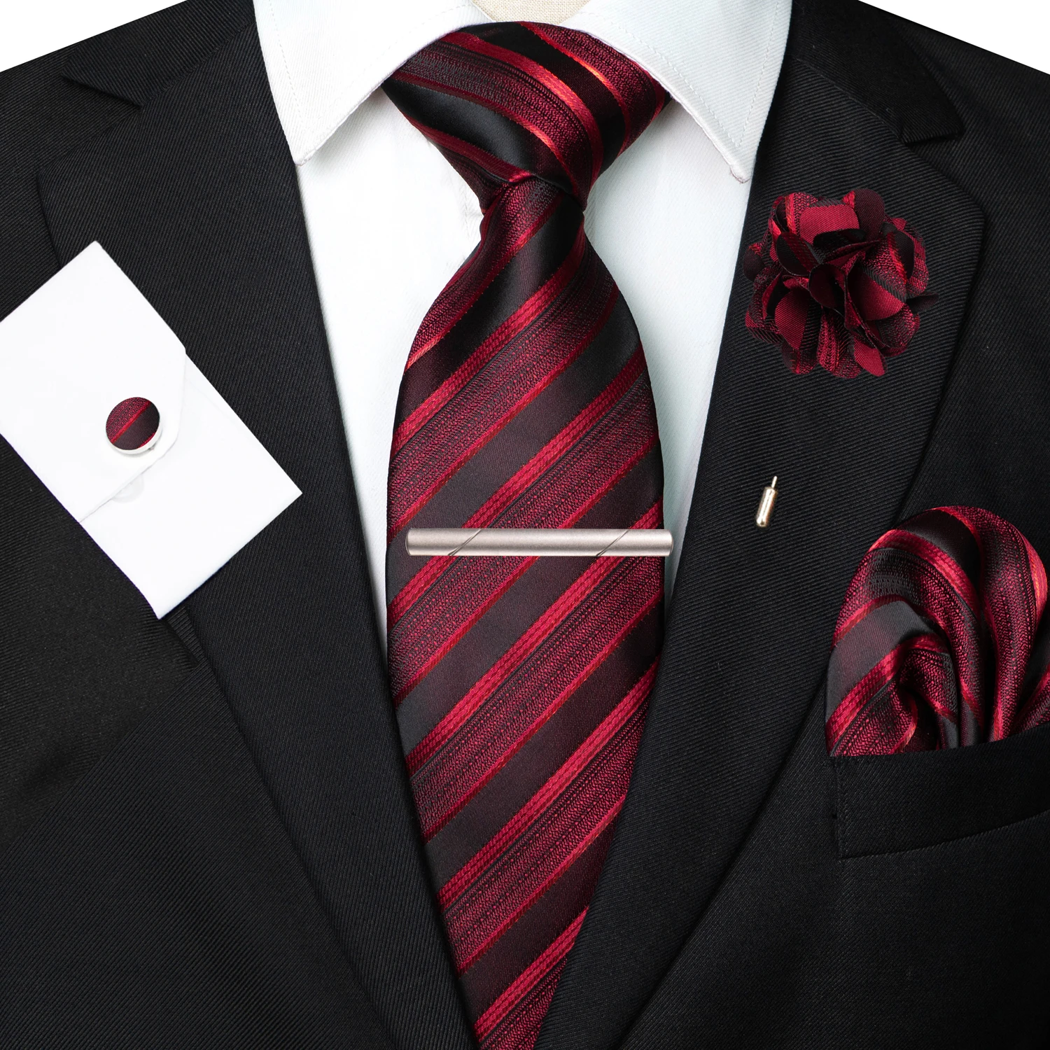 Corbata de seda a rayas de color rojo vino para hombre, conjunto de ...