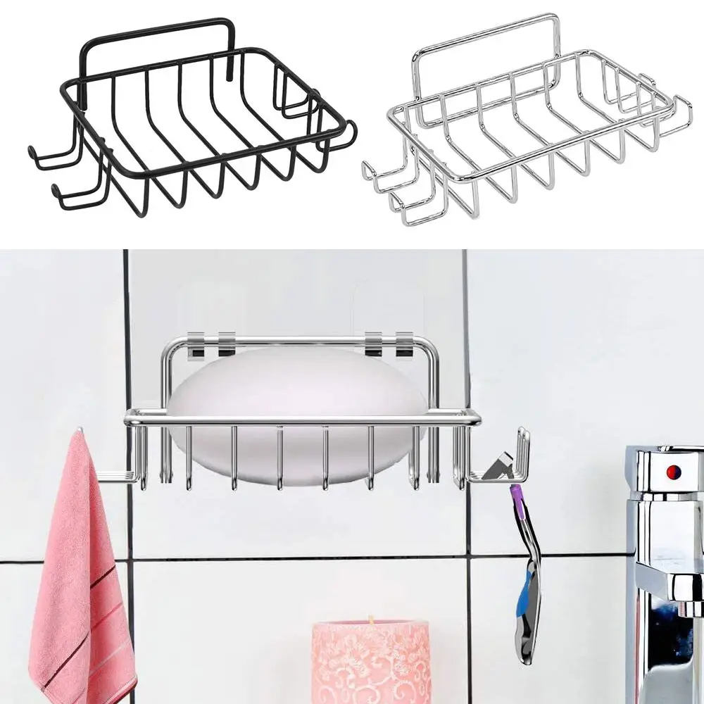 Wall-Mounted-Soap-Tray-With-4-Hooks-304-Stainless-Steel-Drain-Soap ...