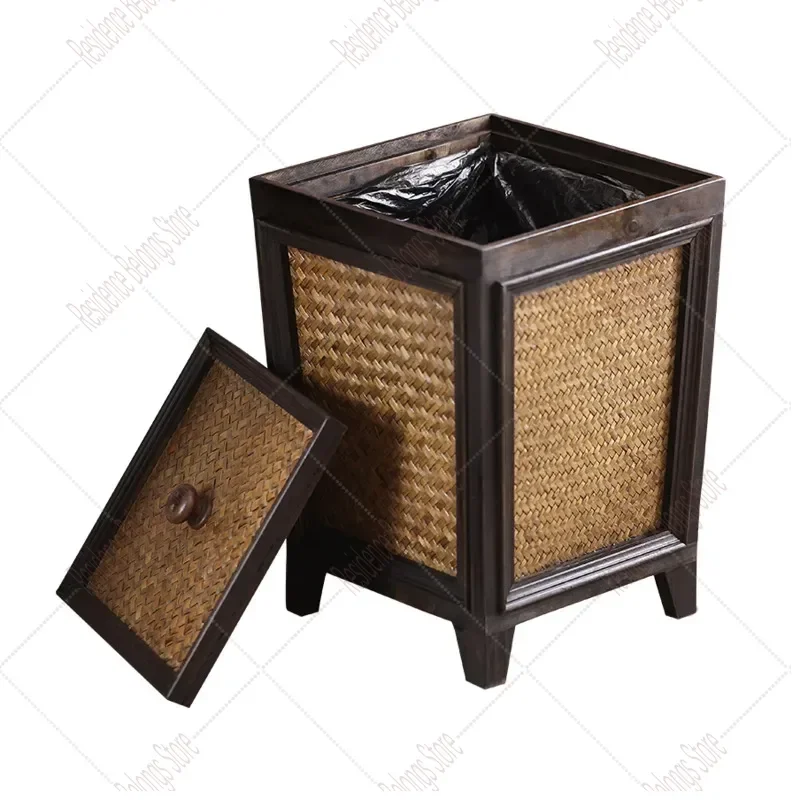 Retro-Wood-Paper-Basket-With-Cover-Living-Room-Teahouse-Trash-Can ...