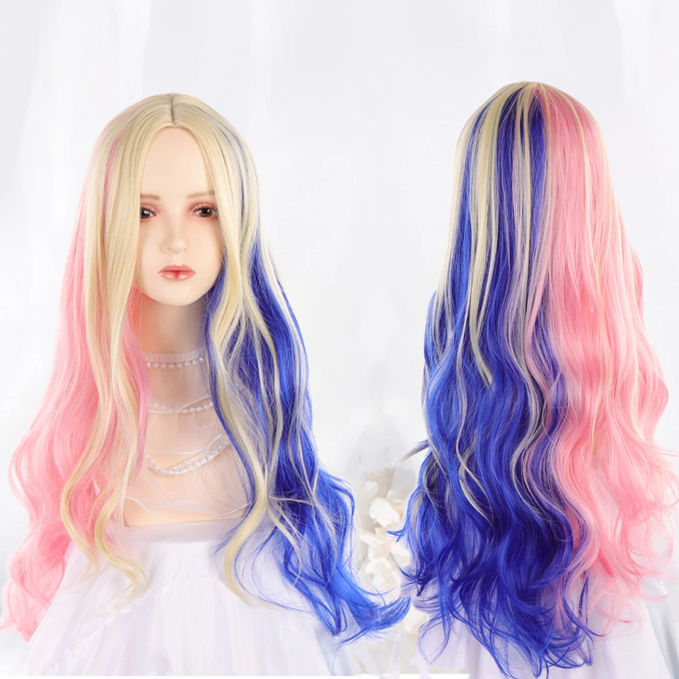 BeautyEnter-Synthetic-Wig-Blue-Pink-Wave-Wig-With-Bangs-For-Women-Long ...