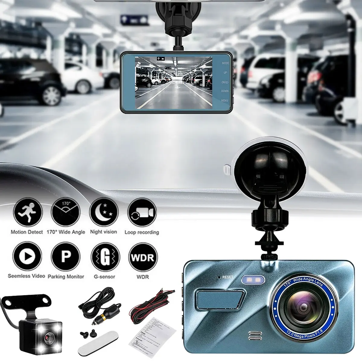 24H Car DVR Camera Dash Cam Black Box Video Recorder Rear View Dual ...